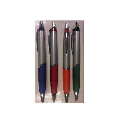 PLUMA PLASTICA METALIZADA, CUERPO PLATEADO, BANDA DIAGONAL, GRIP ...
